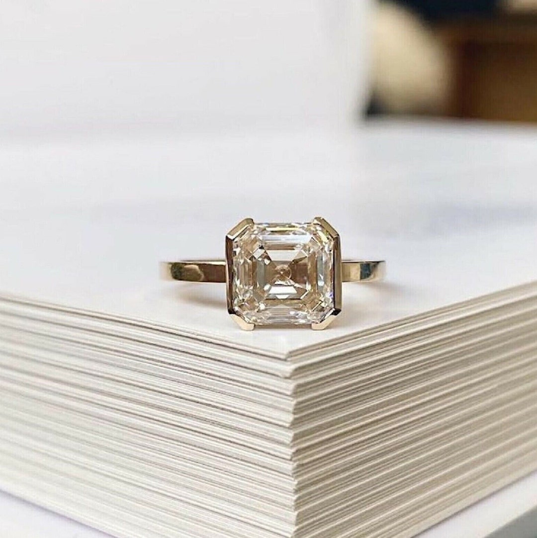 Half Bezel Asscher Cut Moissanite Diamond Engagement Ring, Minimalist ...