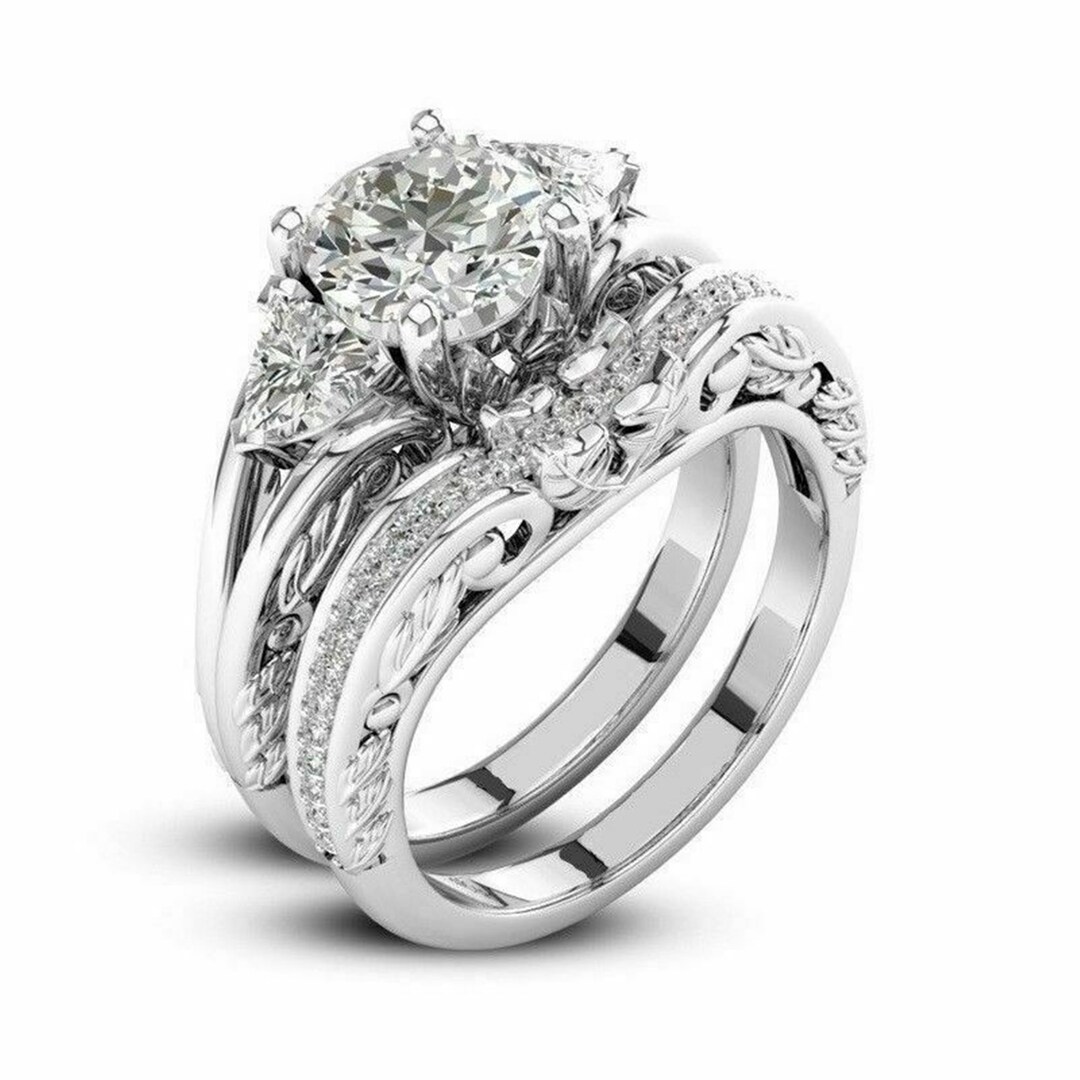 Round With Trillion Cut CZ Stone Ring Set, Wedding Bridal Ring Set ...
