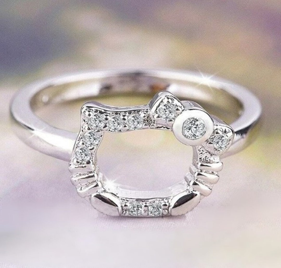 Hello Kitty Ring, Round Moissanite Diamond Ring, Baptism Gift Ring, Kid ...