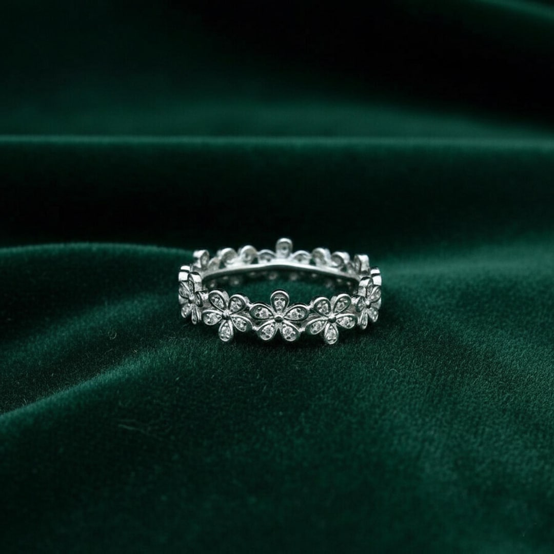 Flower Inspired Eternity Band, Full Eternity Wedding Band Ring, Round ...