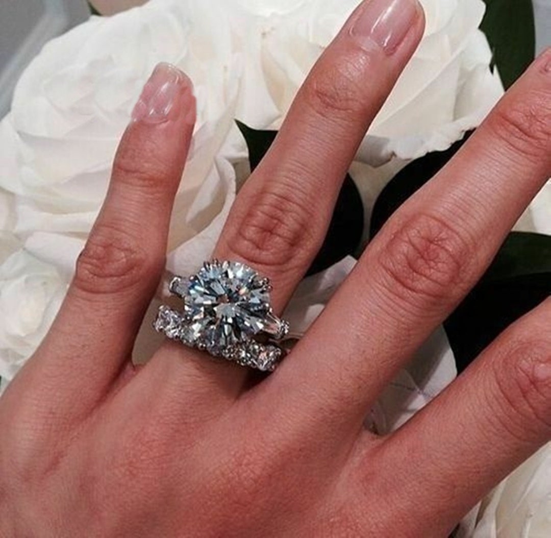 Round With Baguette Cut CZ Stone Ring Set, Three Stone Bridal Ring Set ...