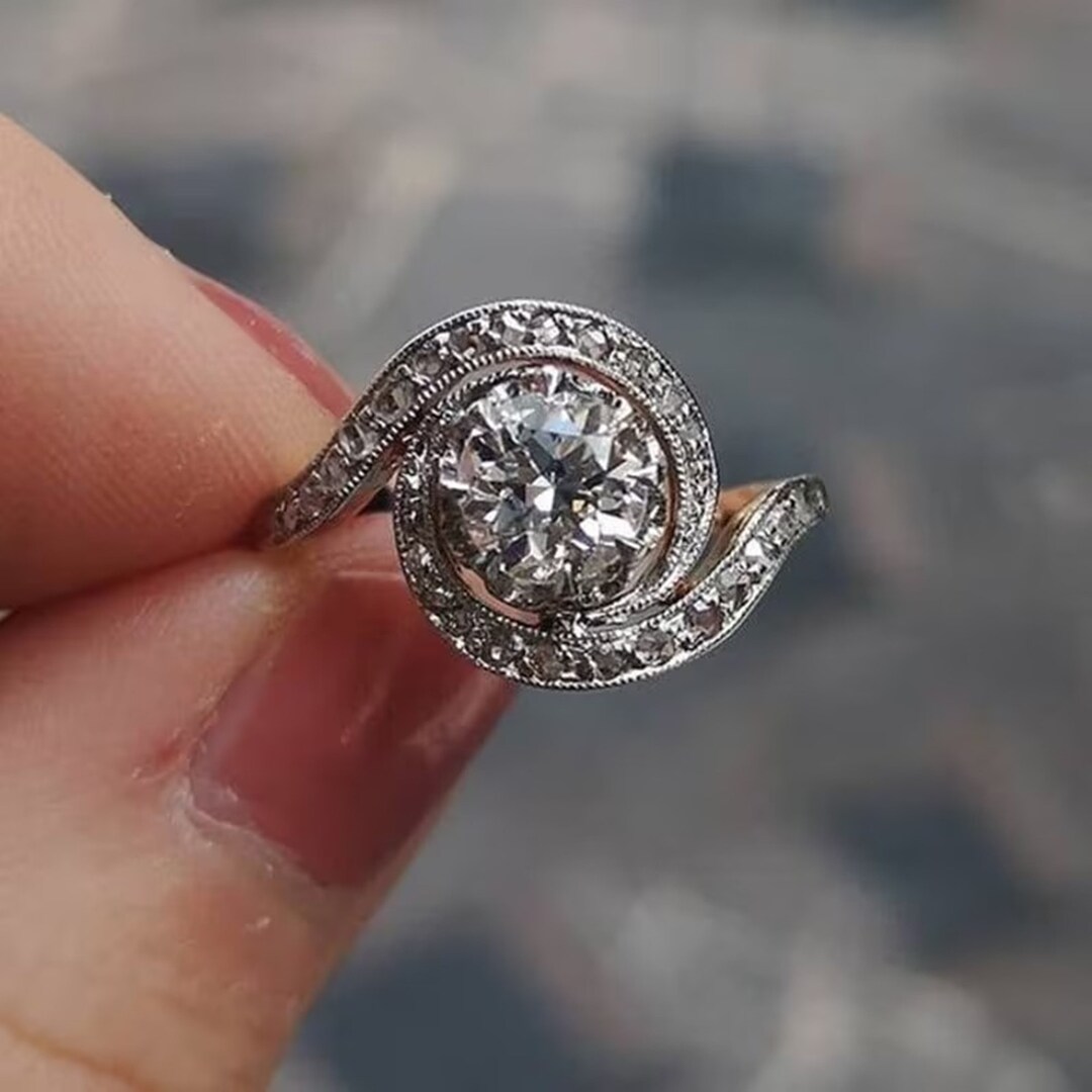 Swirl Bypass Shank Engagement Ring, Old European Cut Moissanite Diamond ...