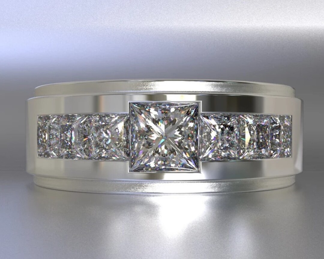 Men's Seven Stone Ring, Princess Cut CZ Stone Wedding Ring, Channel ...