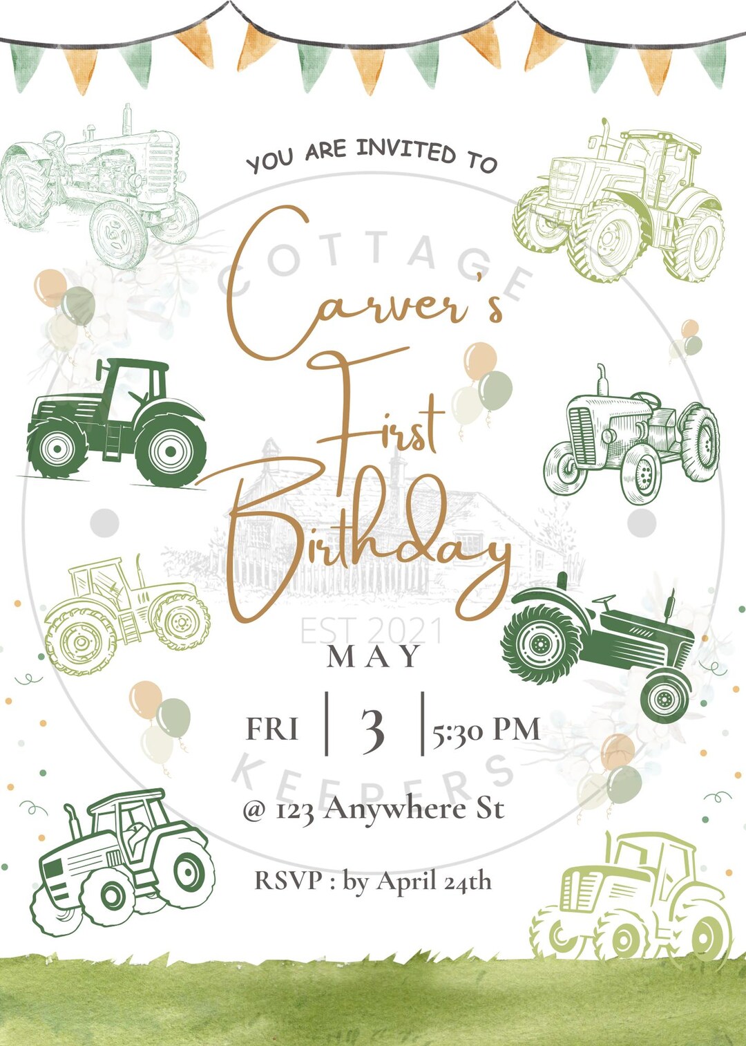 Tractor First Birthday Invitation, Digital Birthday Invitation, First ...