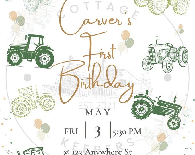 Tractor First Birthday Invitation, Digital Birthday Invitation, First ...