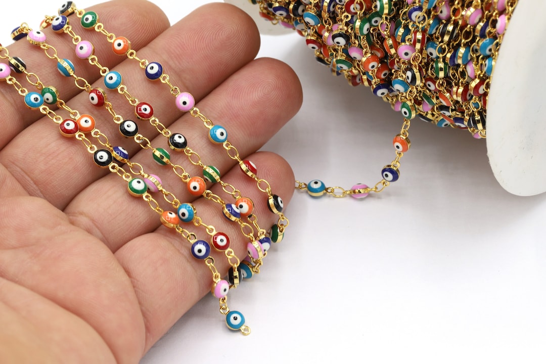 4mm 24 K Shiny Gold Plated Linked Evil Eye Chains, Foot Chains, Rosary ...