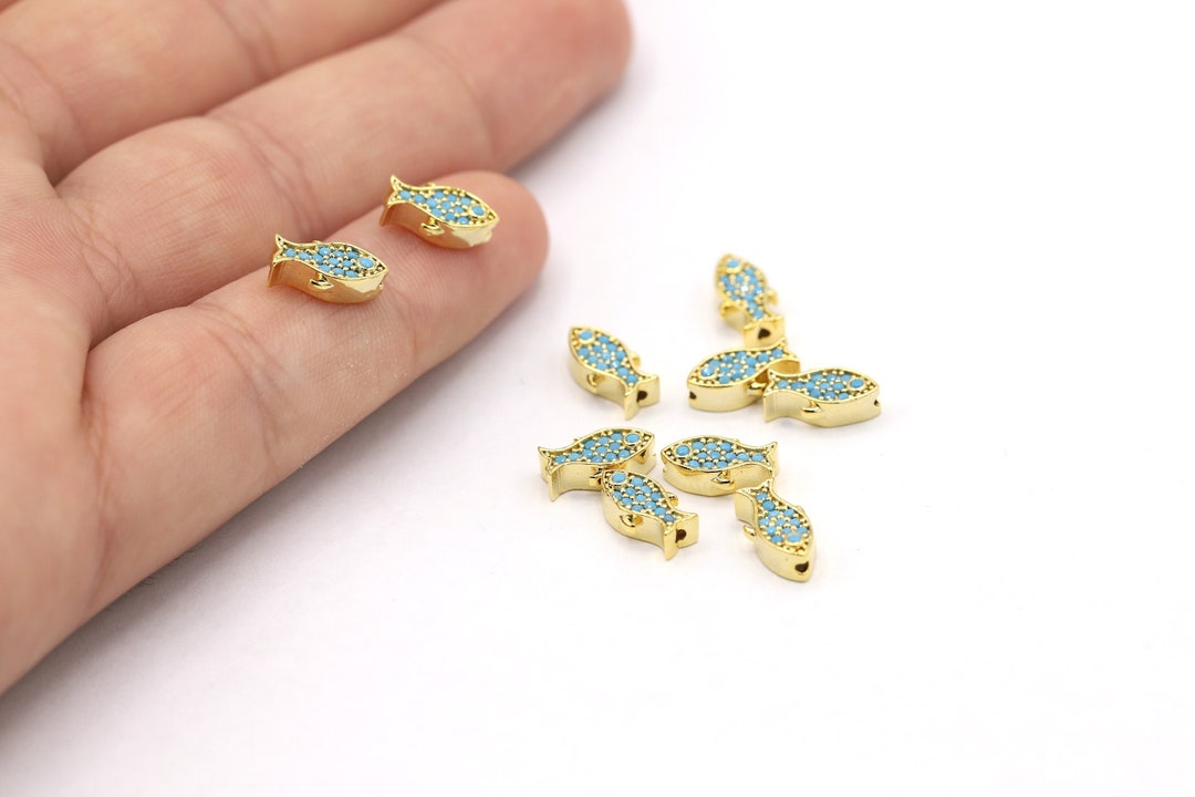 5x10mm 24 K Shiny Gold Plated CZ Micro Pave Fish Beads, CZ Pave Fish ...
