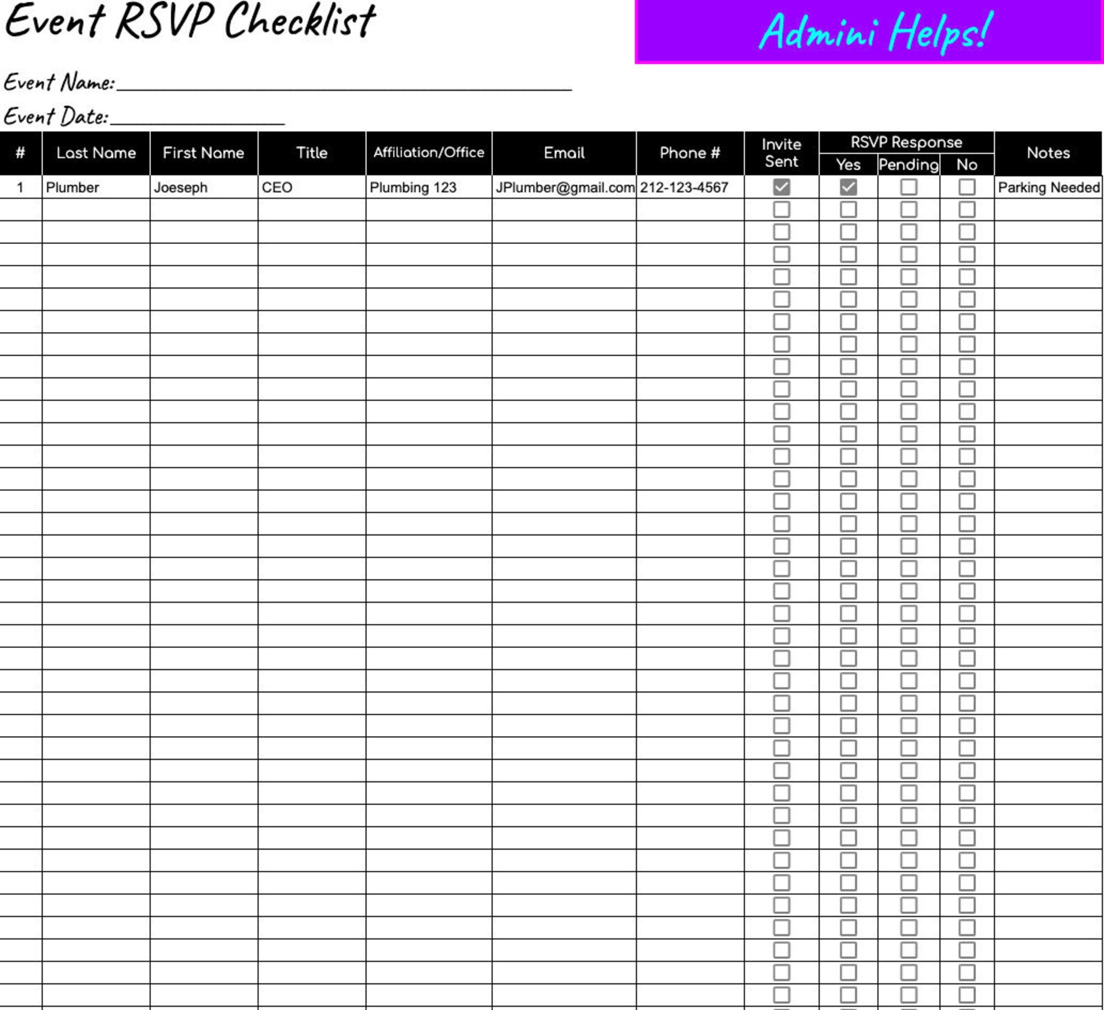 Event RSVP List Fillable Printable Etsy