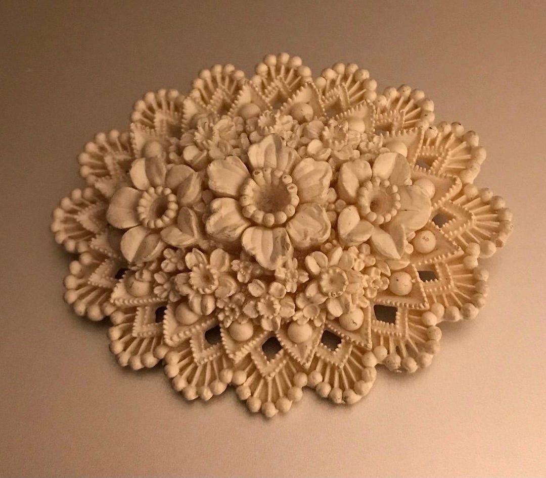 Mid Century Celluloid Carved Flowers Oval Brooch - Etsy