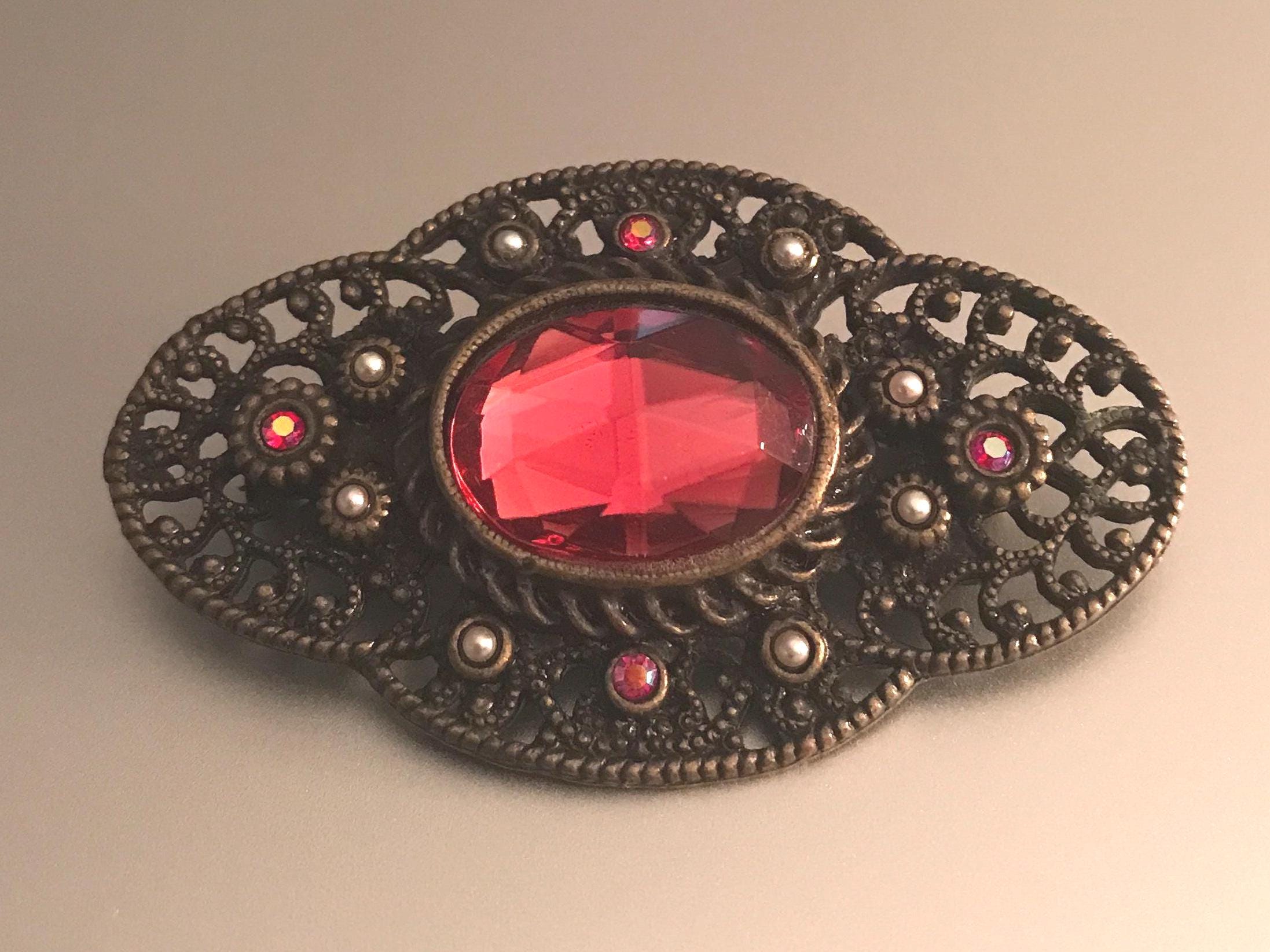 Vintage Edwardian Revival Flowing Vine Bronzed Metal Large Faceted Punk ...