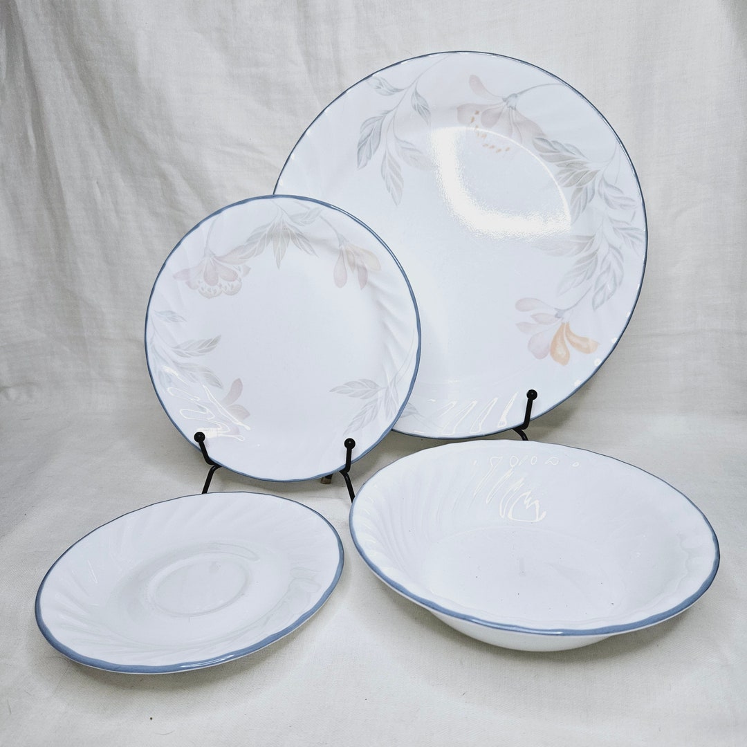 Corelle by Corning Pink Trio Dinnerware Sets, Vintage White Swirl Glass ...