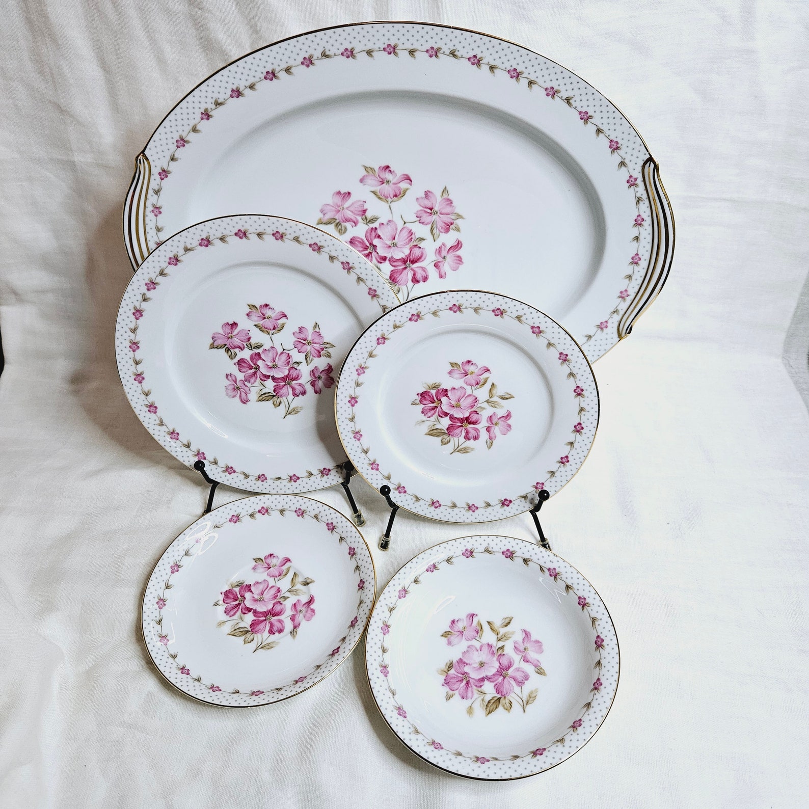 Mid Century Pink Flower China With Gold Trim Dinnerware Pieces, Vintage ...