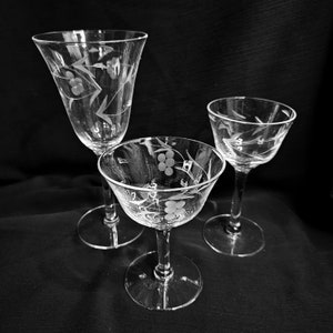 Vintage Wheel Cut Stemware Sets, Wheel Cut Floral Etched Stemware - Etsy