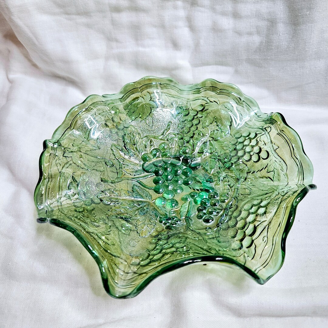 Green Carnival Glass Ruffled Edge Bowl With Grapes and Grapevine ...