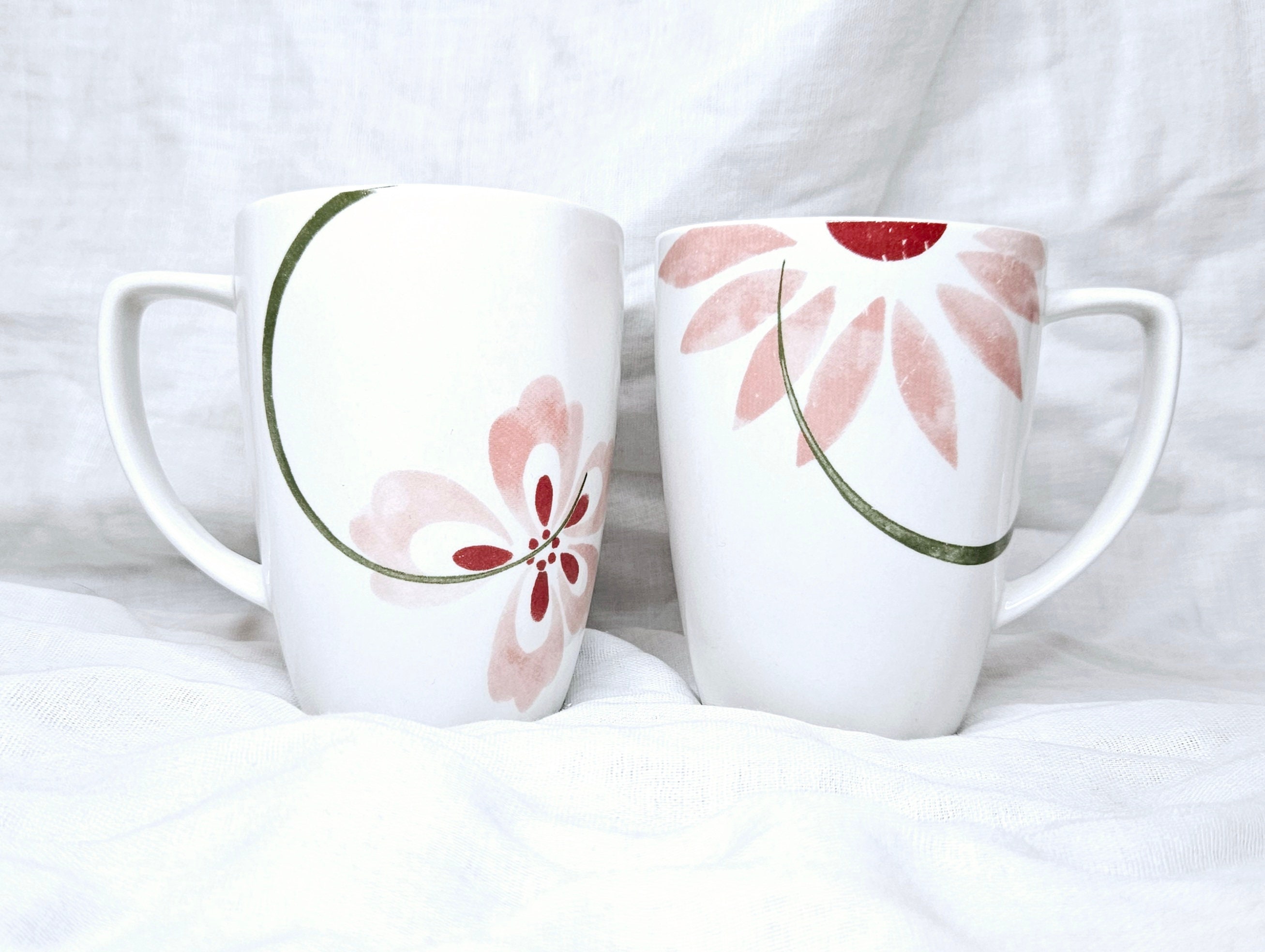 White Porcelain Square Mug With Pink Flowers Set of 2, Vintage Corelle ...