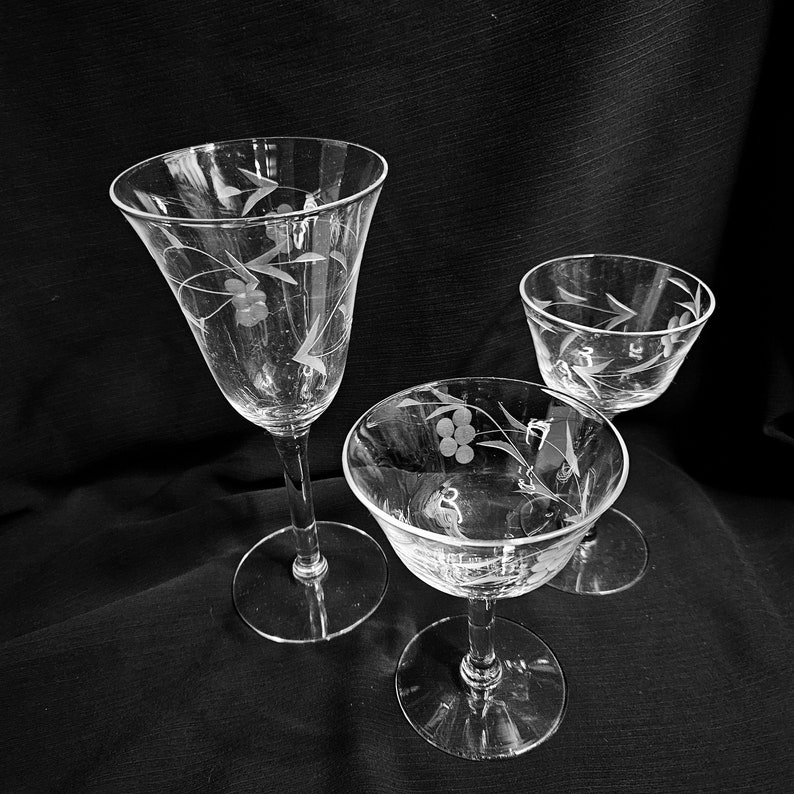 Vintage Wheel Cut Stemware Sets, Wheel Cut Floral Etched Stemware - Etsy