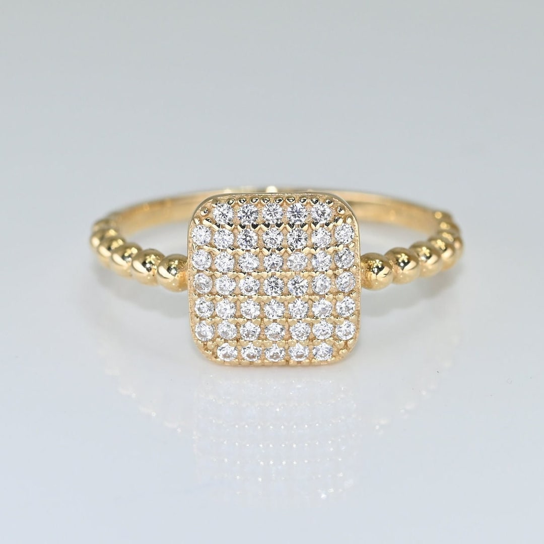 14k Solid Gold Square Ring. Real Gold Geometric Cluster Ring, Handmade ...