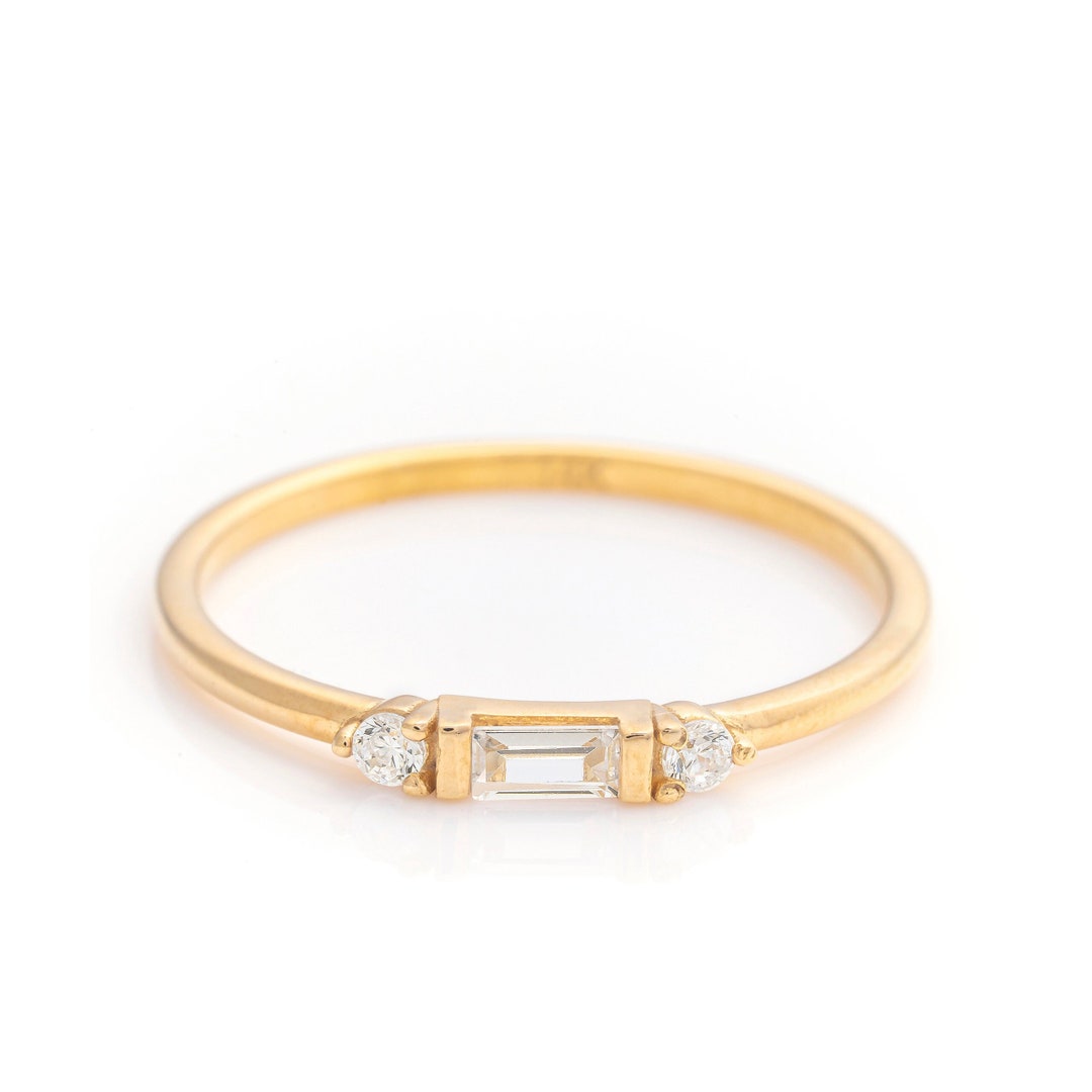 14k Solid Gold Dainty Baguette Ring, Real Gold Stackable Baguette Ring ...