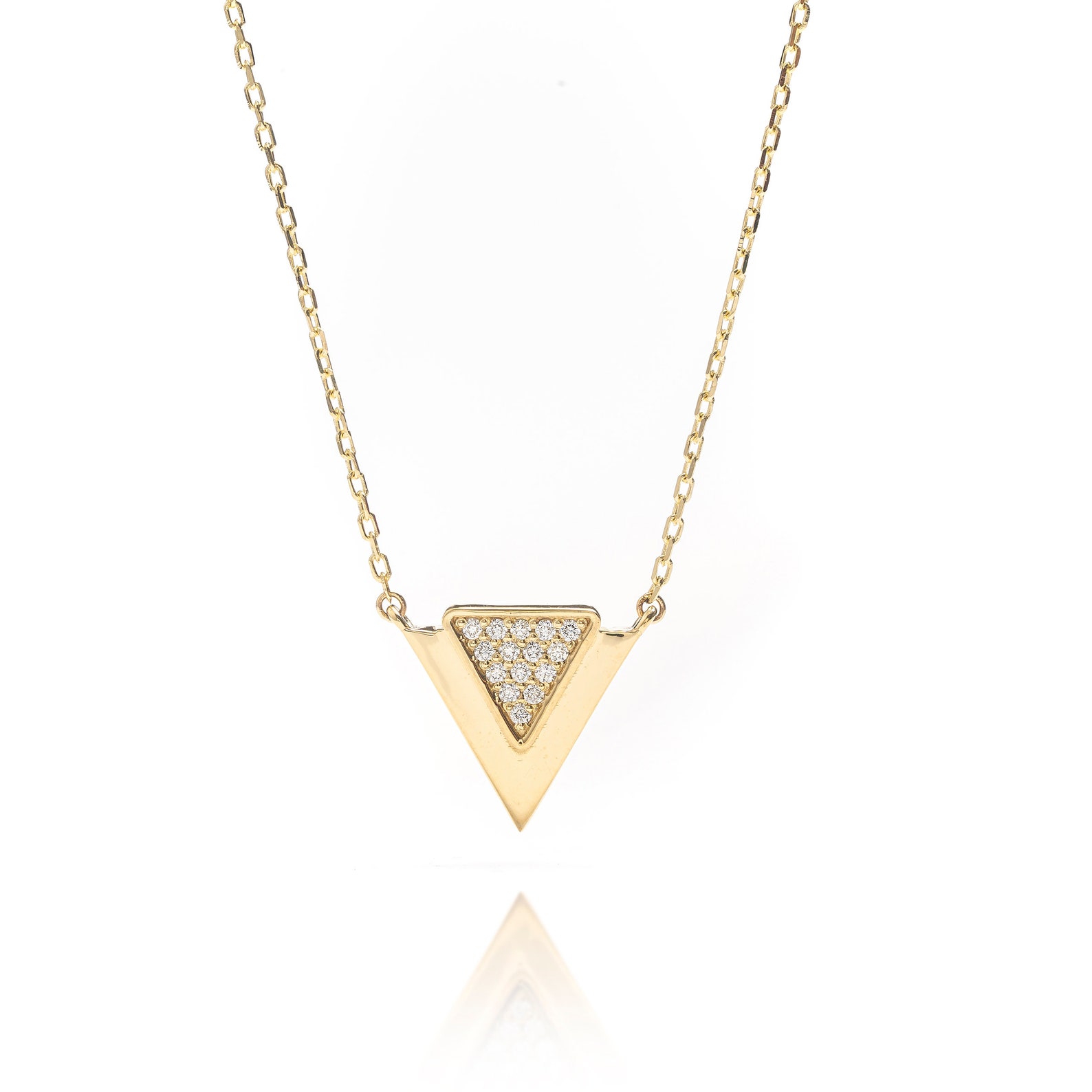 14k Solid Gold Triangle Necklace, Real Gold Trigon Pendant, Handmade ...
