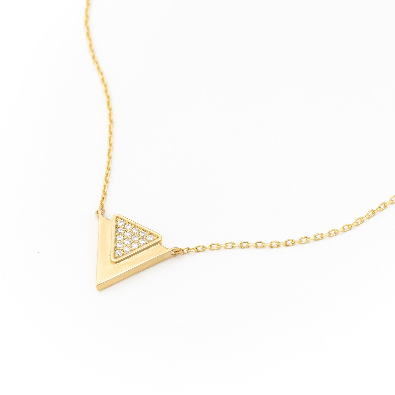 14k Solid Gold Triangle Necklace, Real Gold Trigon Pendant, Handmade ...