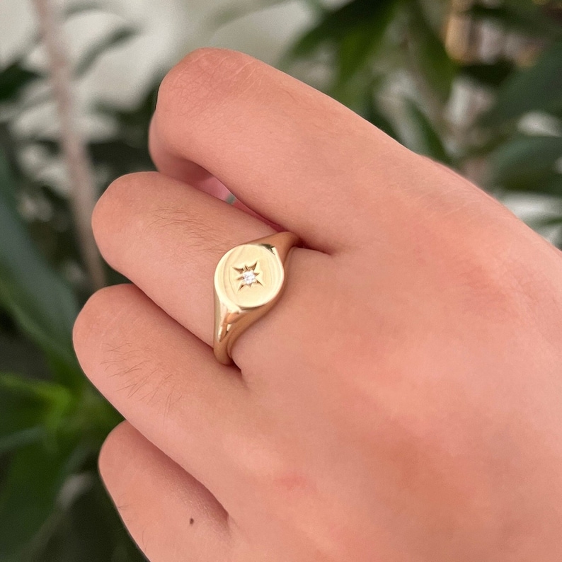 14k Solid Gold North Star Signet Ring: Moissanite Compass Jewelry - Etsy