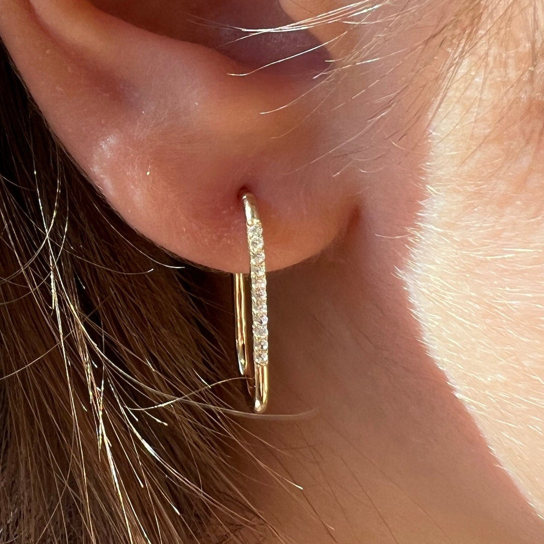 14k Solid Gold Rectangular Hoop Earrings: Pave Moissanite Fine Jewelry ...