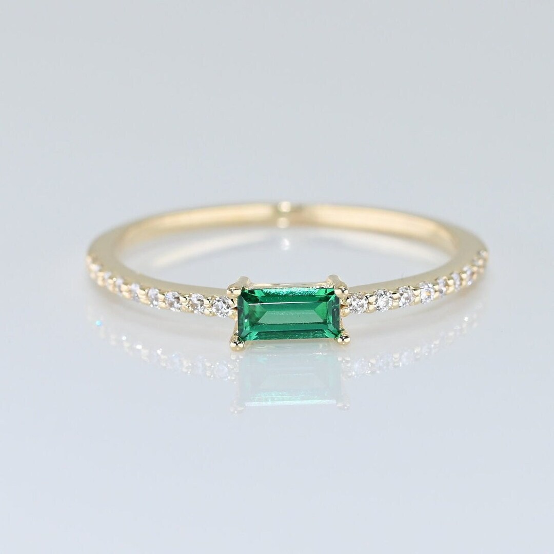 14k Solid Gold Emerald Baguette Ring, Real Gold Emerald Ring, Premium ...