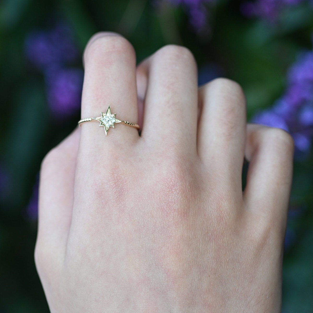 14k Solid Gold Dainty North Star Ring, Celestial Design Beaded Band ...