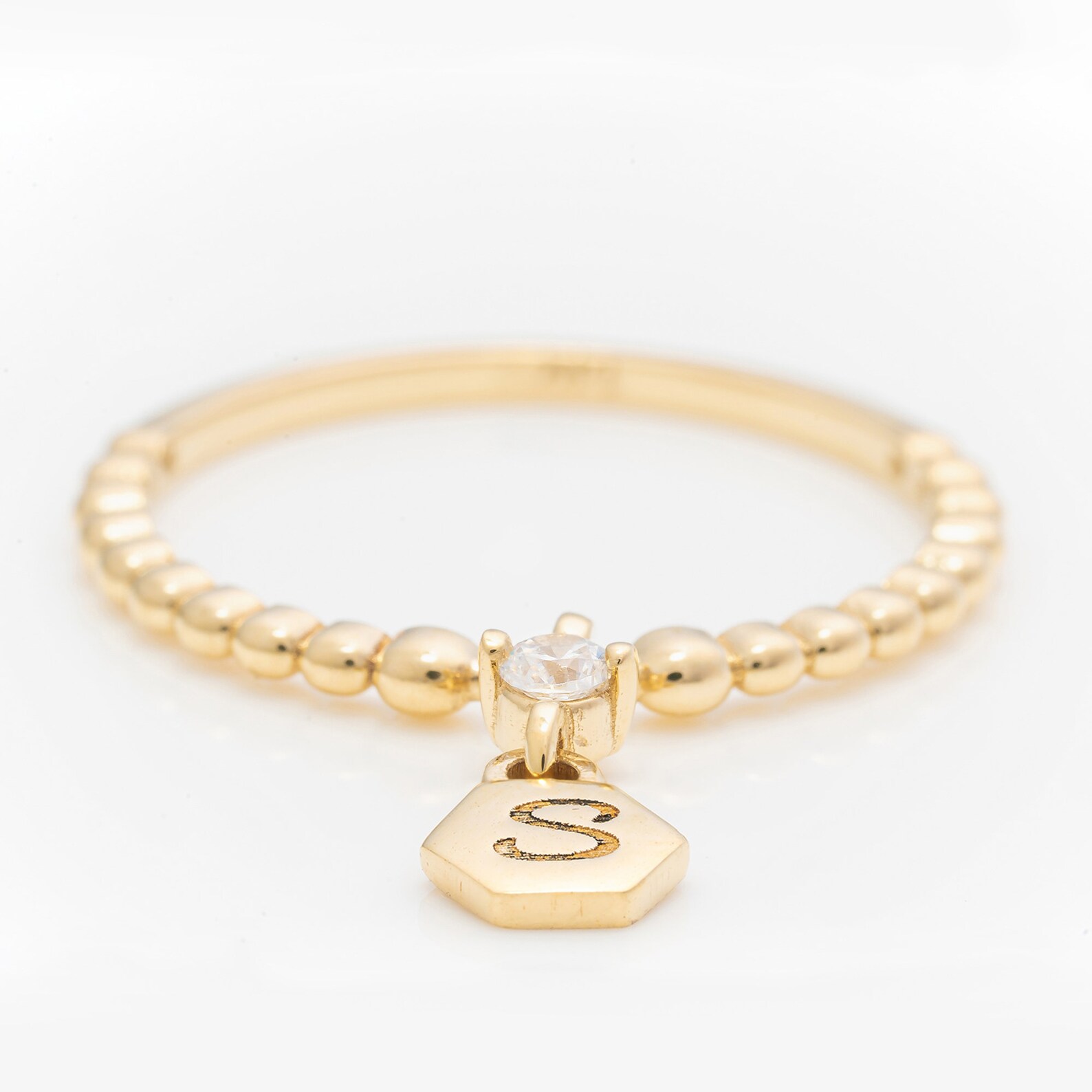 14k Solid Gold Personalized Charm Ring, Real Gold Letter Charm, Initial ...