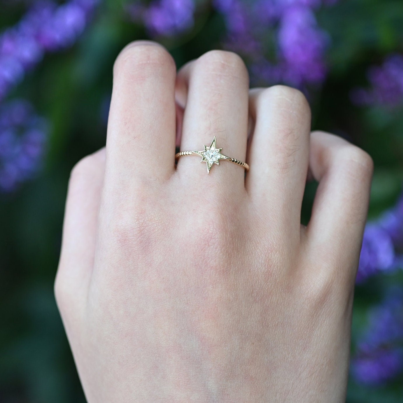 14k Solid Gold Dainty North Star Ring, Celestial Design Beaded Band ...