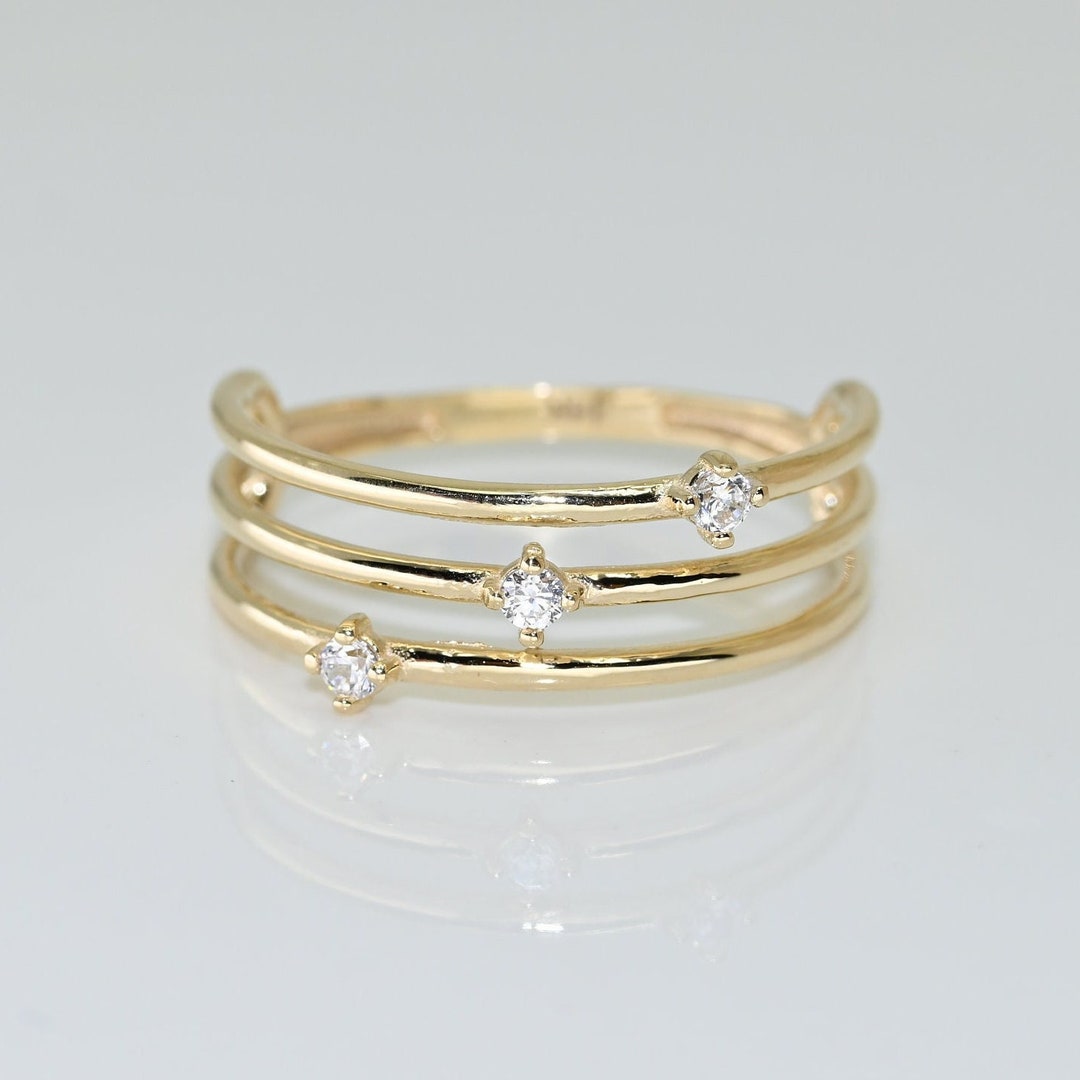 14k Solid Gold Triple Band Ring, Unique Design Real Gold Ring, Handmade ...