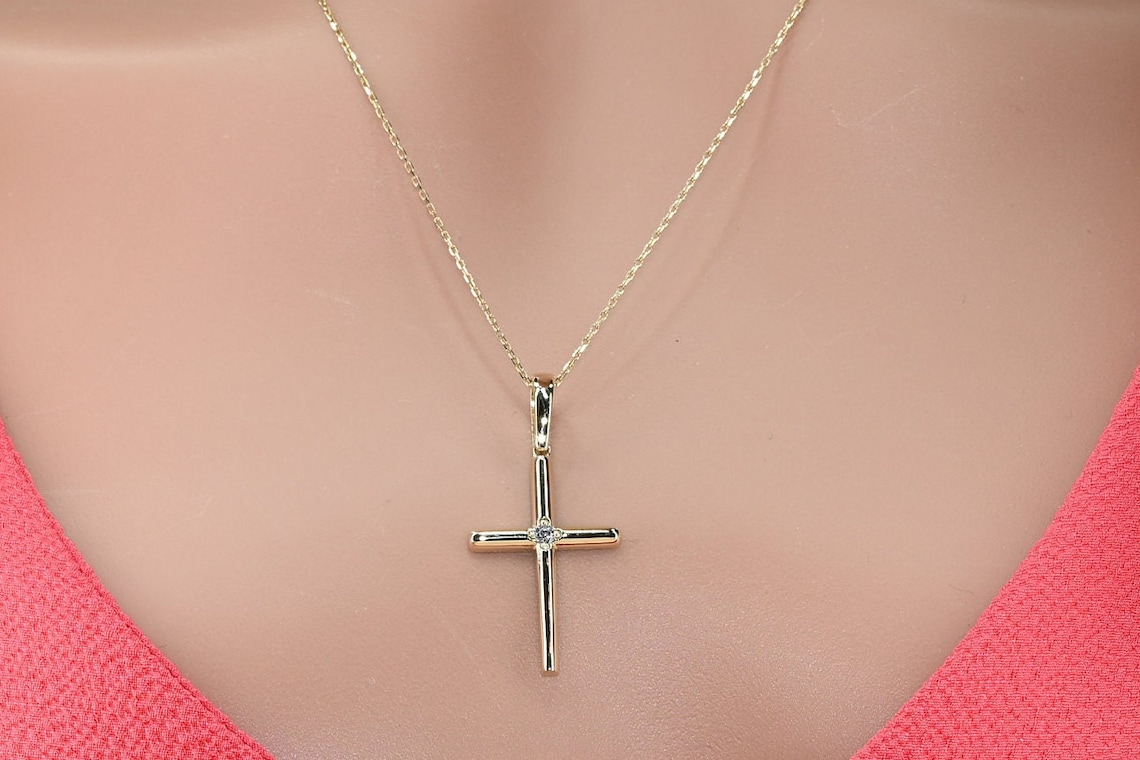 14k Solid Gold Cross Necklace Real Gold Cross Pendant - Etsy