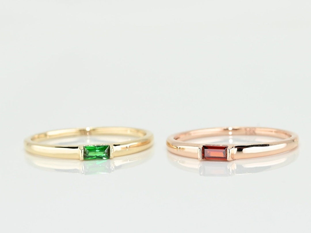 Solid Gold Birthstone Ring: Dainty Baguette, Handmade Jewelry - Etsy