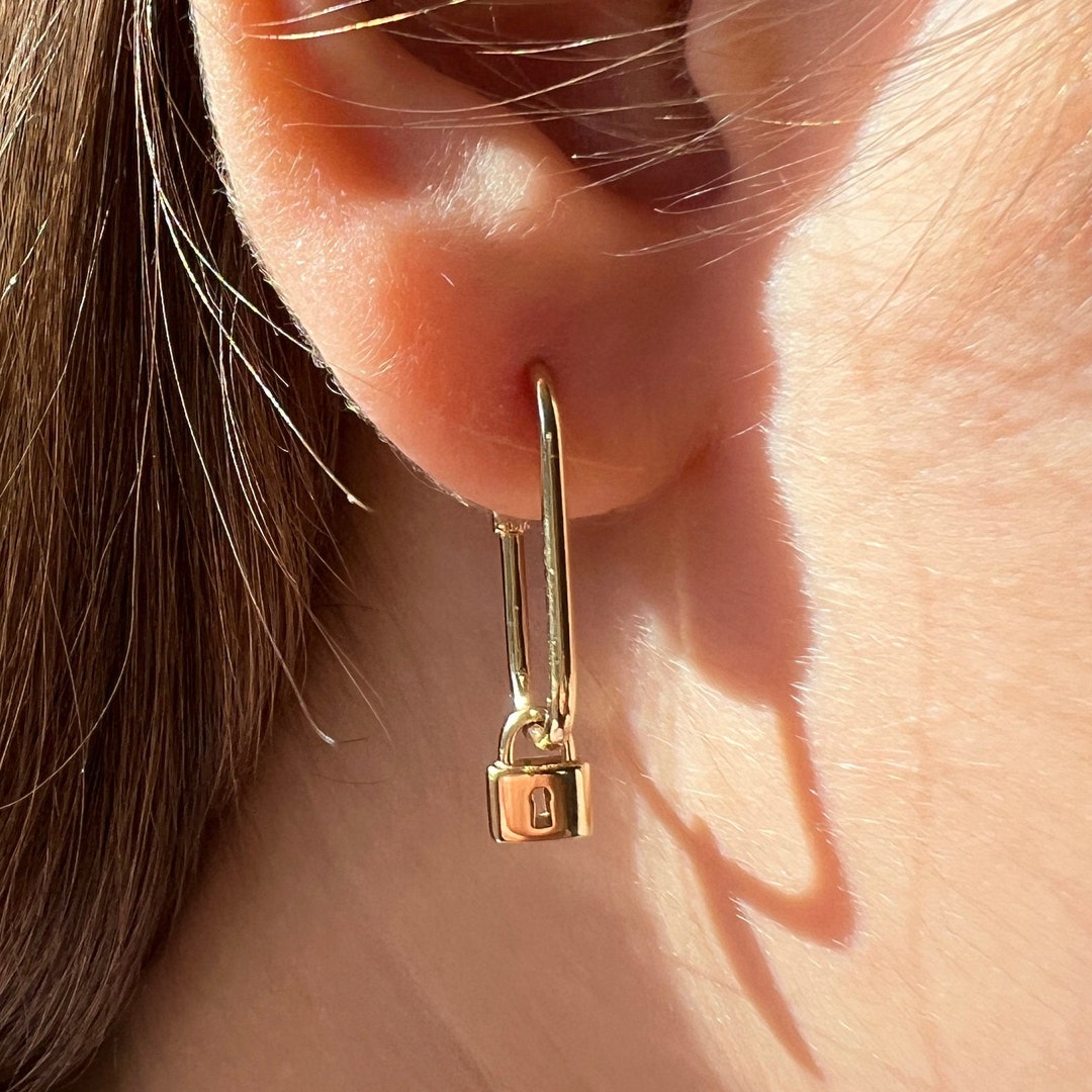 Solid Gold Padlock Dangle Hoop Earrings: Handmade Fine Jewelry - Etsy