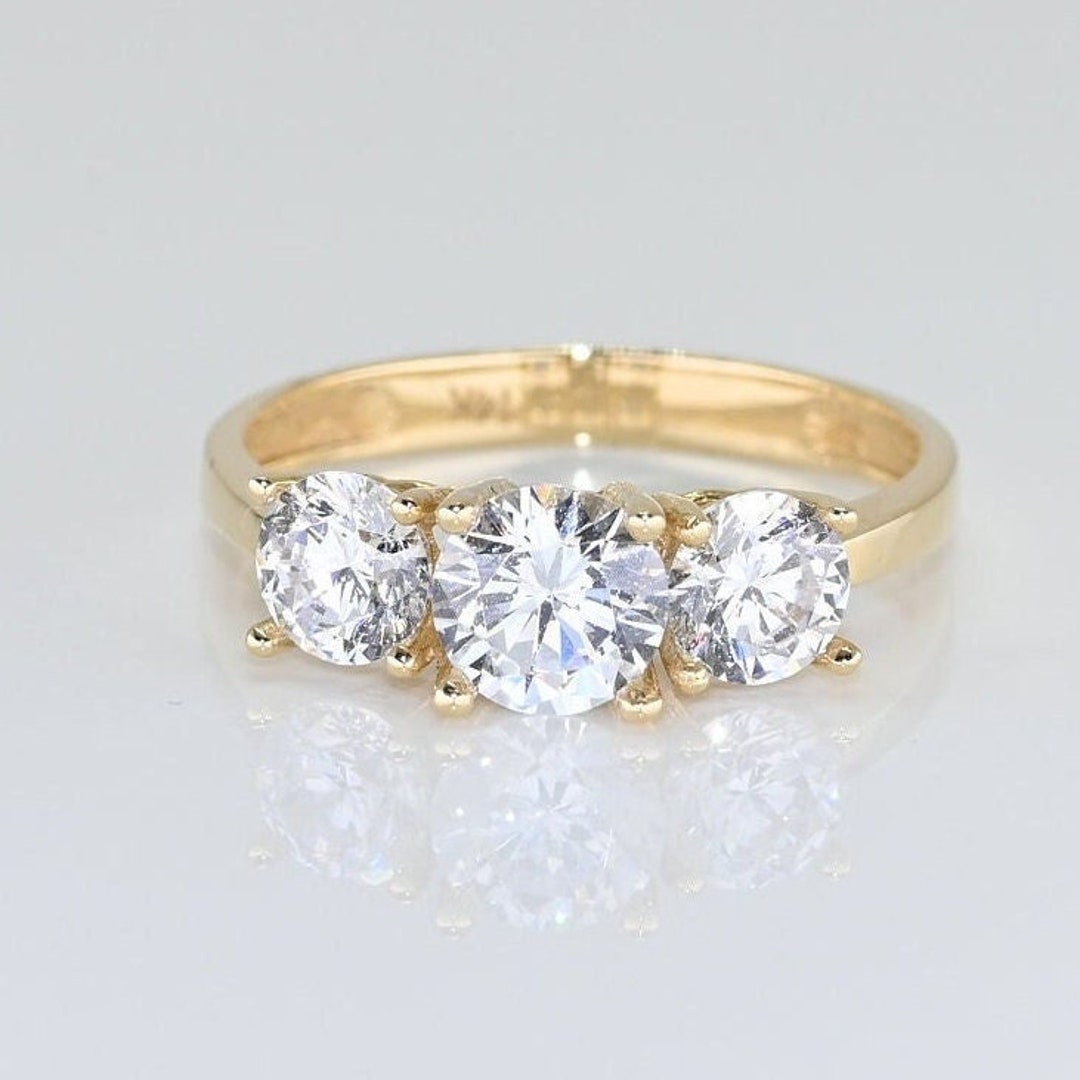 14k Solid Gold Three Stone Ring, Real Gold 3 Stone Band, Handmade ...