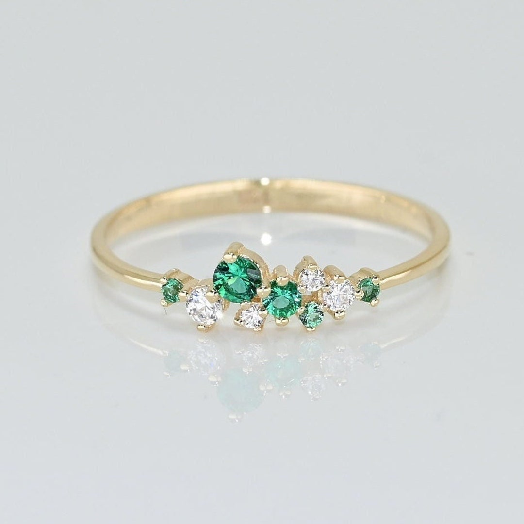 14k Solid Gold Emerald Cluster Ring, Real Gold Floral Design, May Birth ...