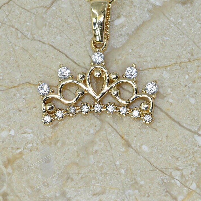 14k Solid Gold Crown Necklace Real Gold Crown Pendant Queen - Etsy