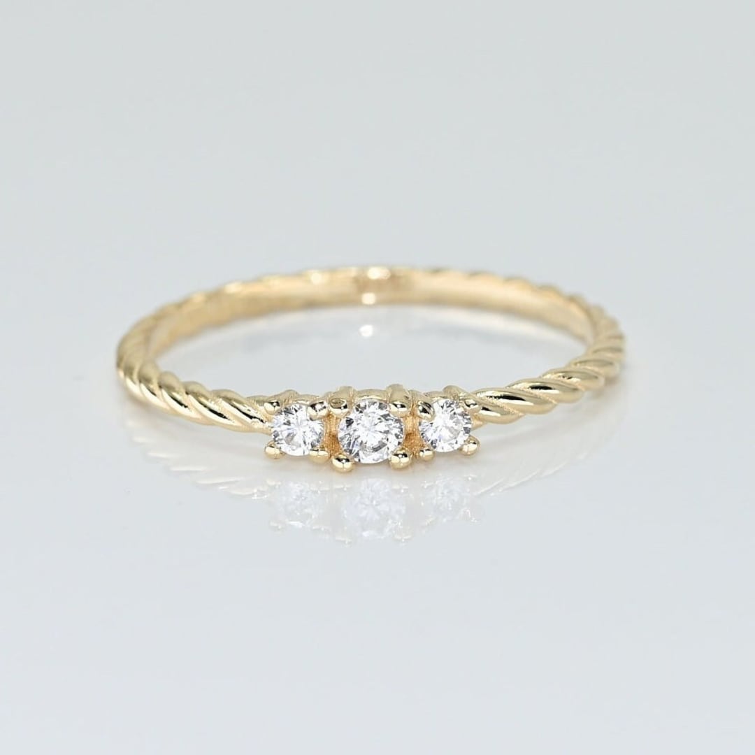 14k Solid Gold Three Stone Ring, Real Gold Dainty Twist Band, Handmade ...