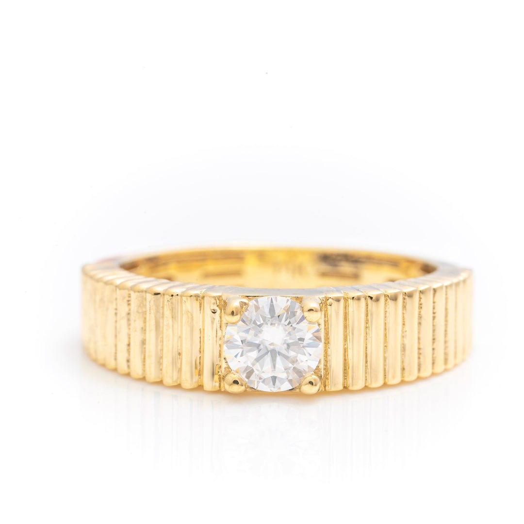 14k Solid Gold Ribbed Band Solitaire Ring, Real Gold Textured Band Ring ...