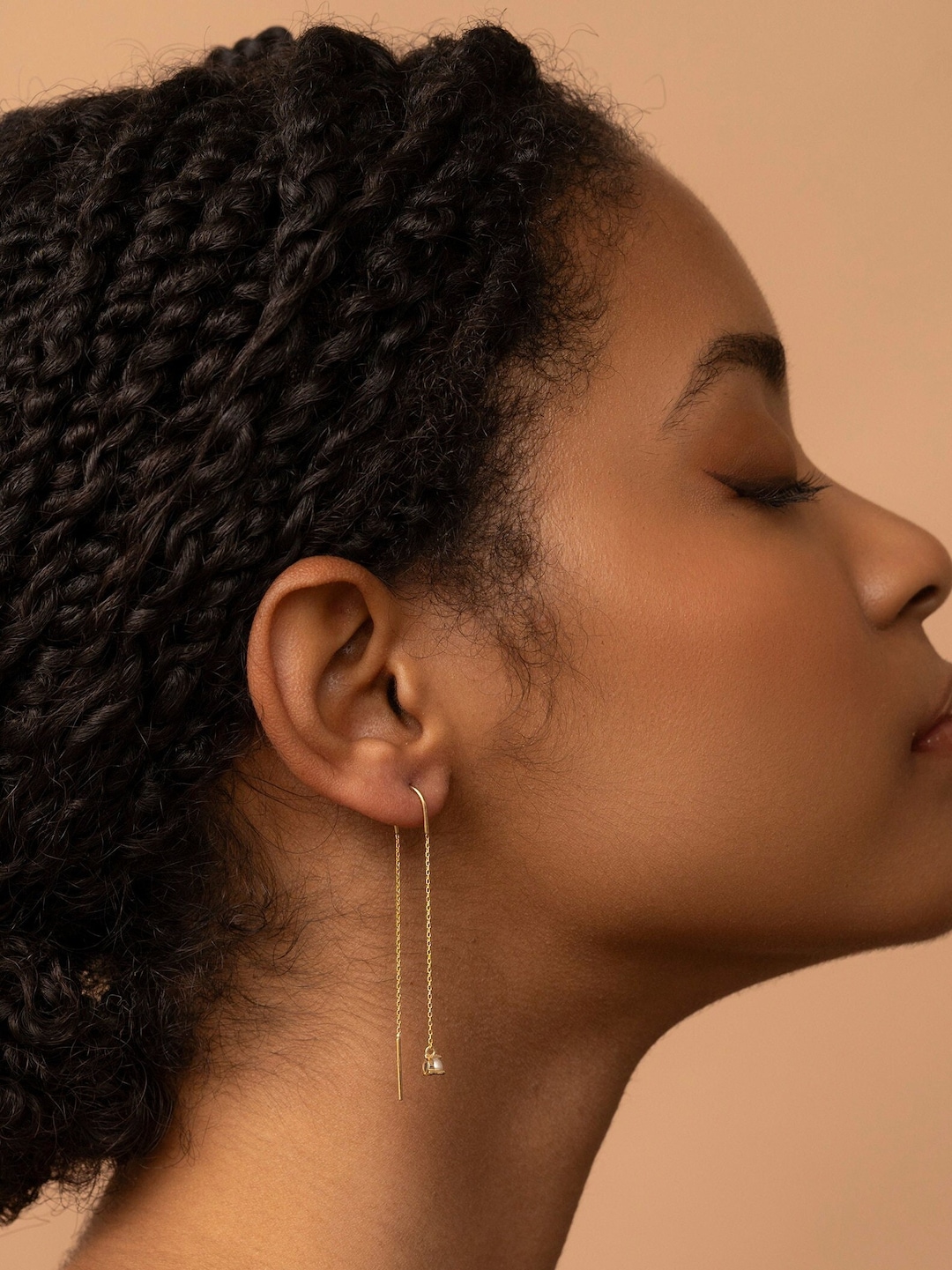 Solid Gold Pearl Threader Earrings: Dainty 14k Gold Chain - Etsy