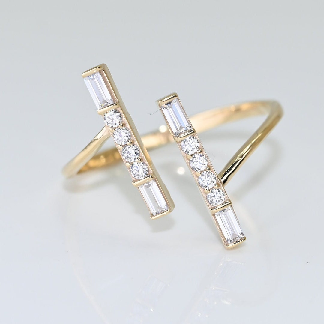 14k Solid Gold Double Bar Ring, Real Gold Dainty Open Band Ring ...