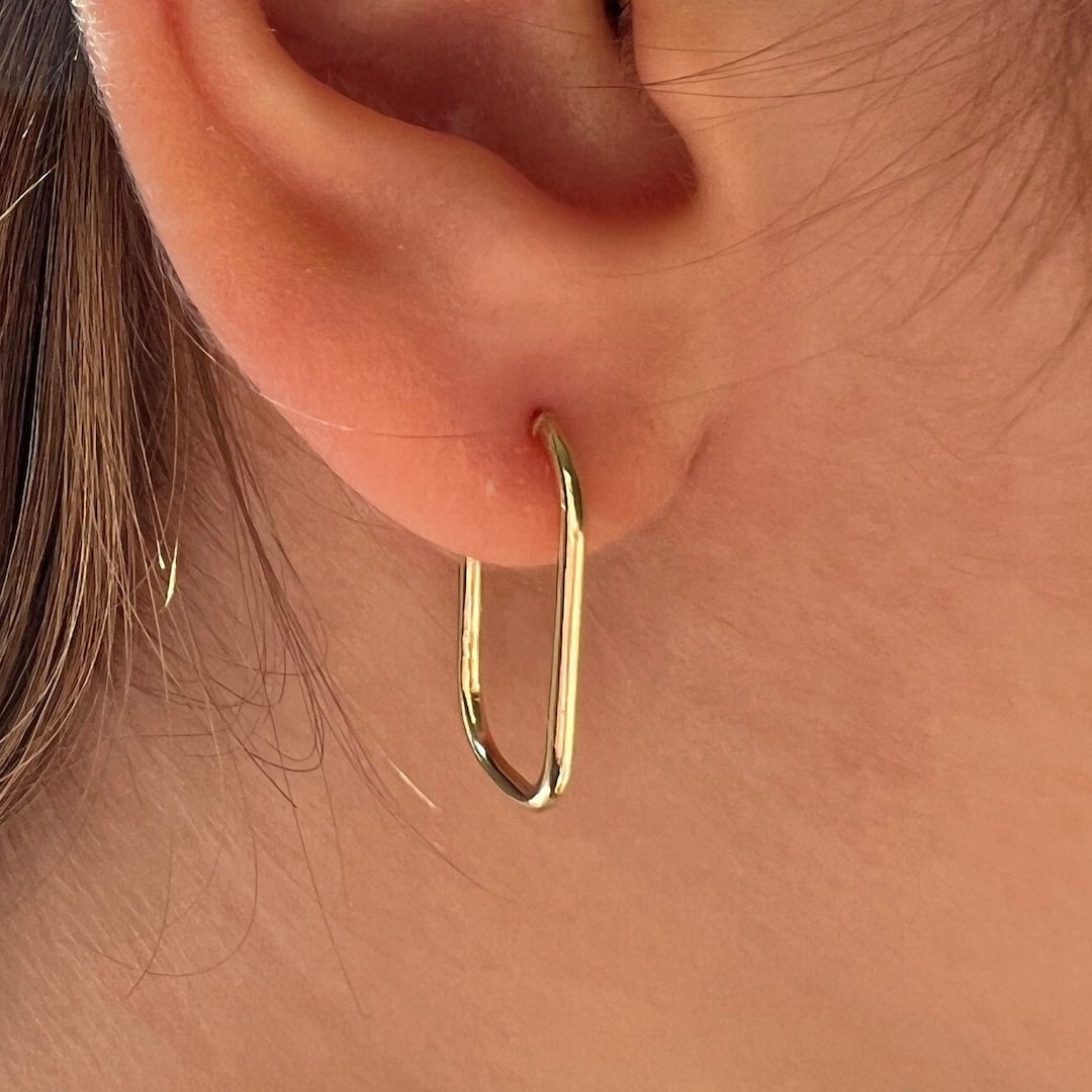 Solid Gold Rectangular Hoop Earrings: Lightweight 14k Gold Hoops - Etsy