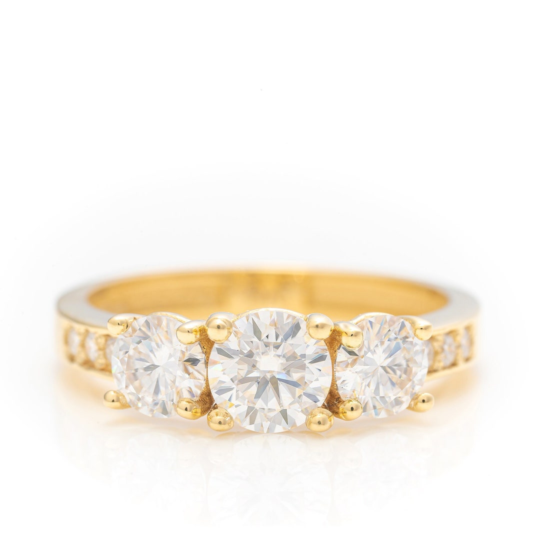 14k Solid Gold Three Stone Ring, Real Gold Pave Band Design, Handmade ...