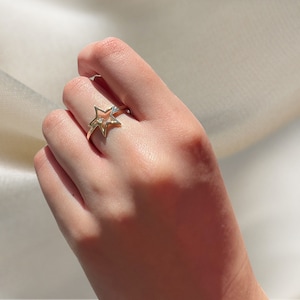 14k Solid Gold Star Ring, Real Gold Celestial Ring, Handmade Premium ...