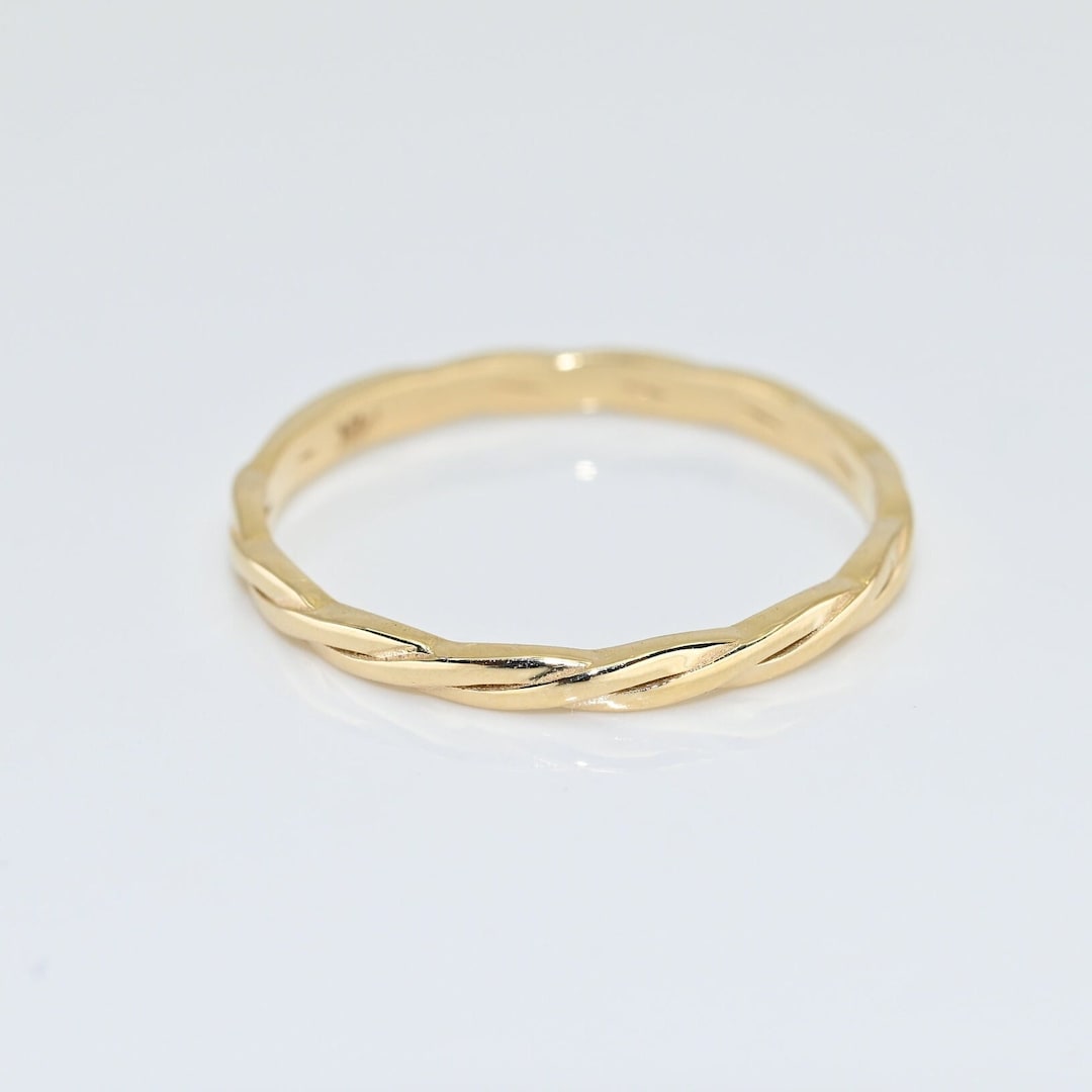 14k Solid Gold Dainty Twist Band, Real Gold Twisted Rope Ring, Elegant ...
