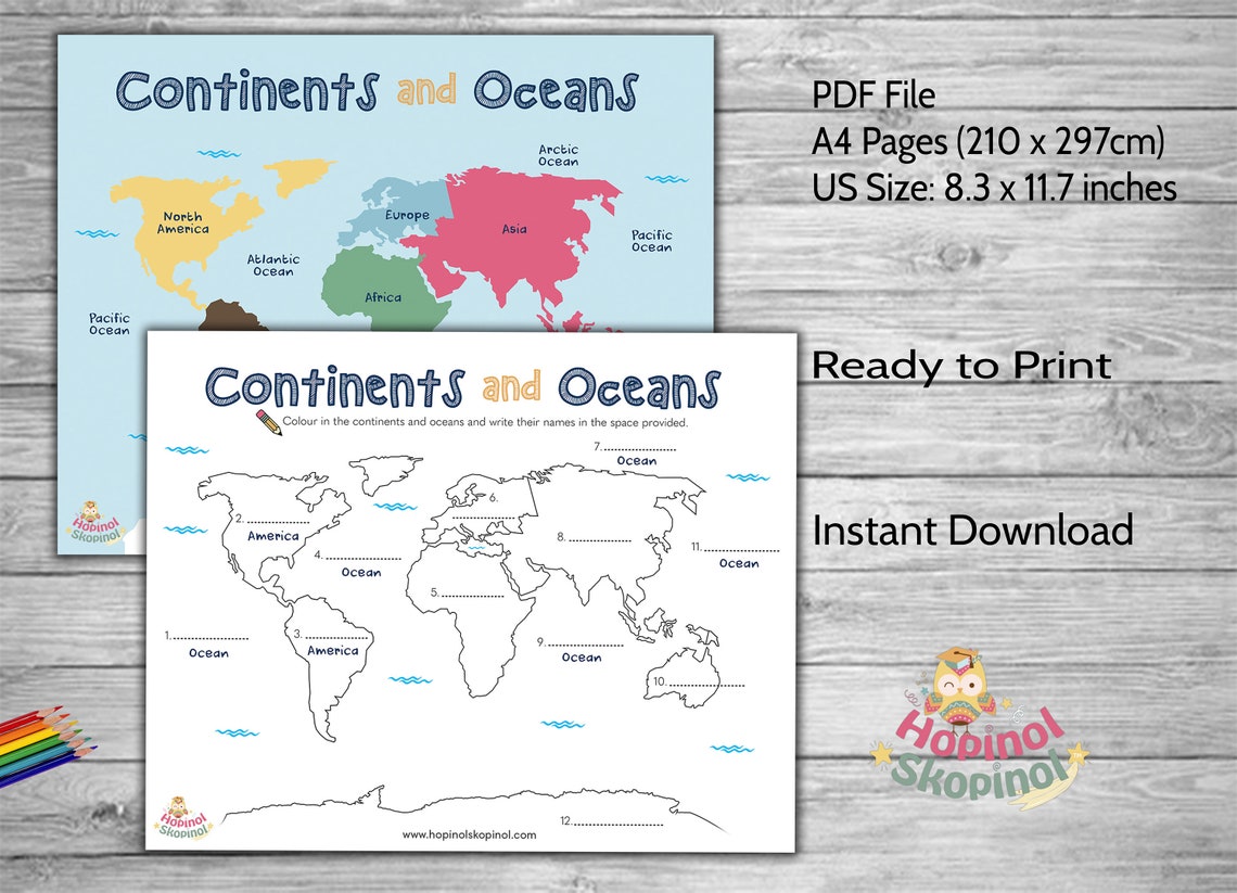 Activity Page Printable Continents and Oceans. Kids Activity - Etsy