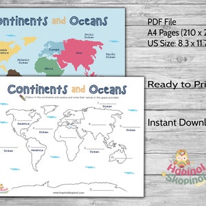Activity Page Printable Continents and Oceans. Kids Activity | Etsy