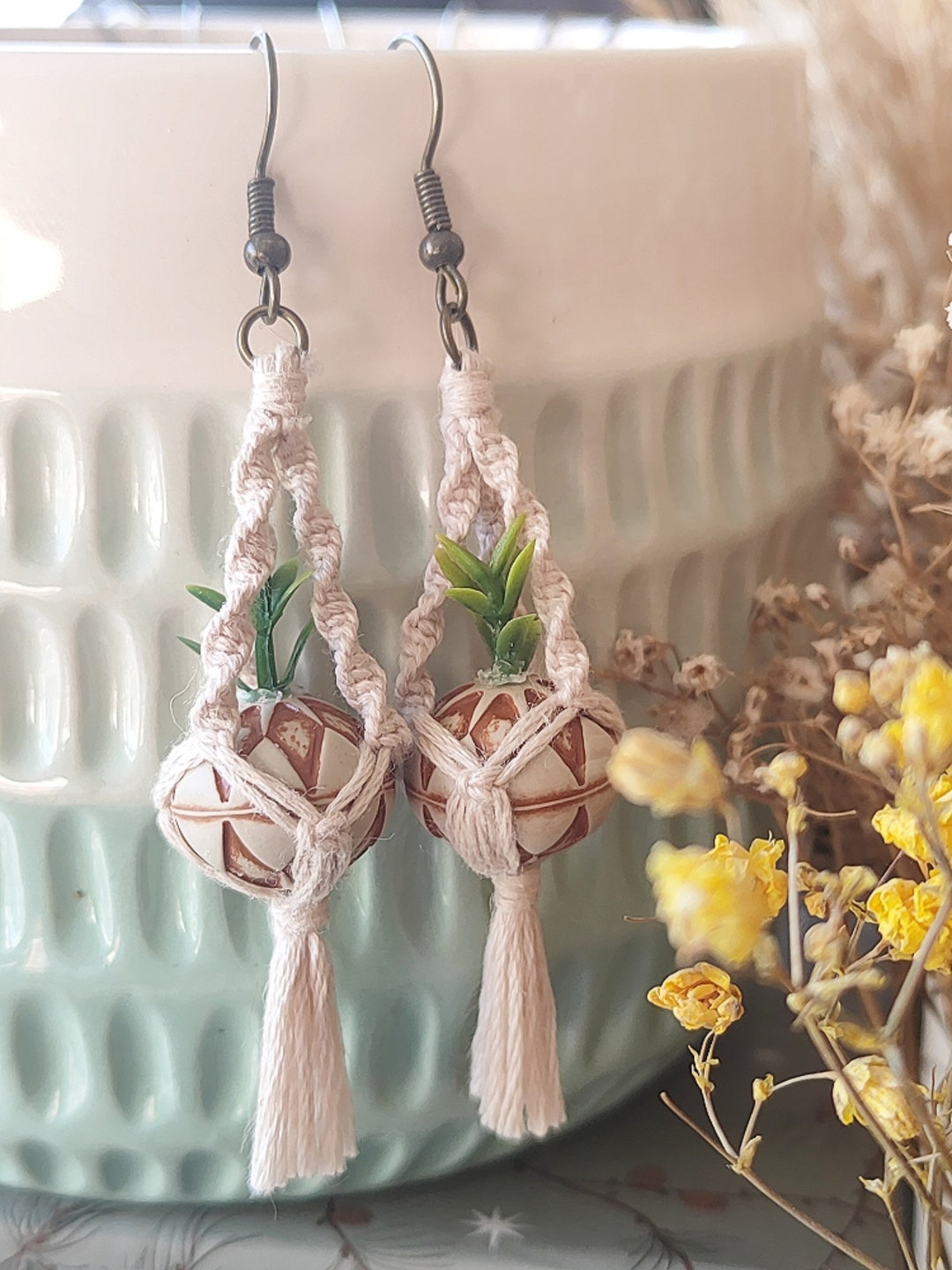 Macrame Earrings, Miniature Plant Earring, Miniature Plant Hanger ...