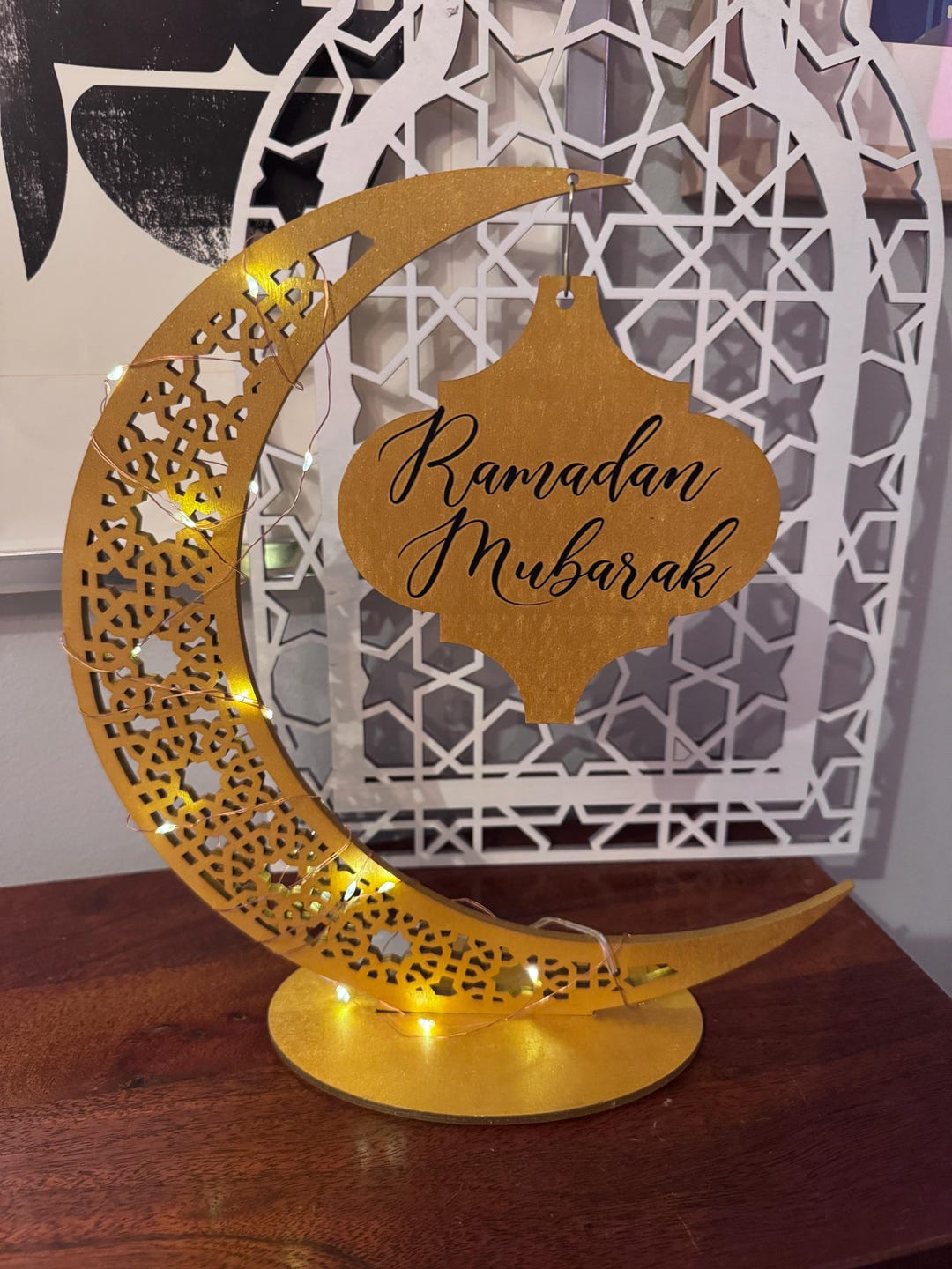 Reversible Crescent Moon Wood Decoration With Fairy Lights – Ramadan Kareem and Eid Mubarak ...