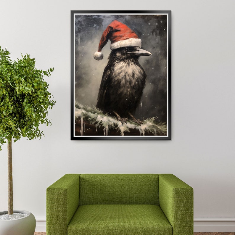 PRINTABLE Santa Crow Painting, Dark Holiday Decor, Merry Raven Wall Art ...
